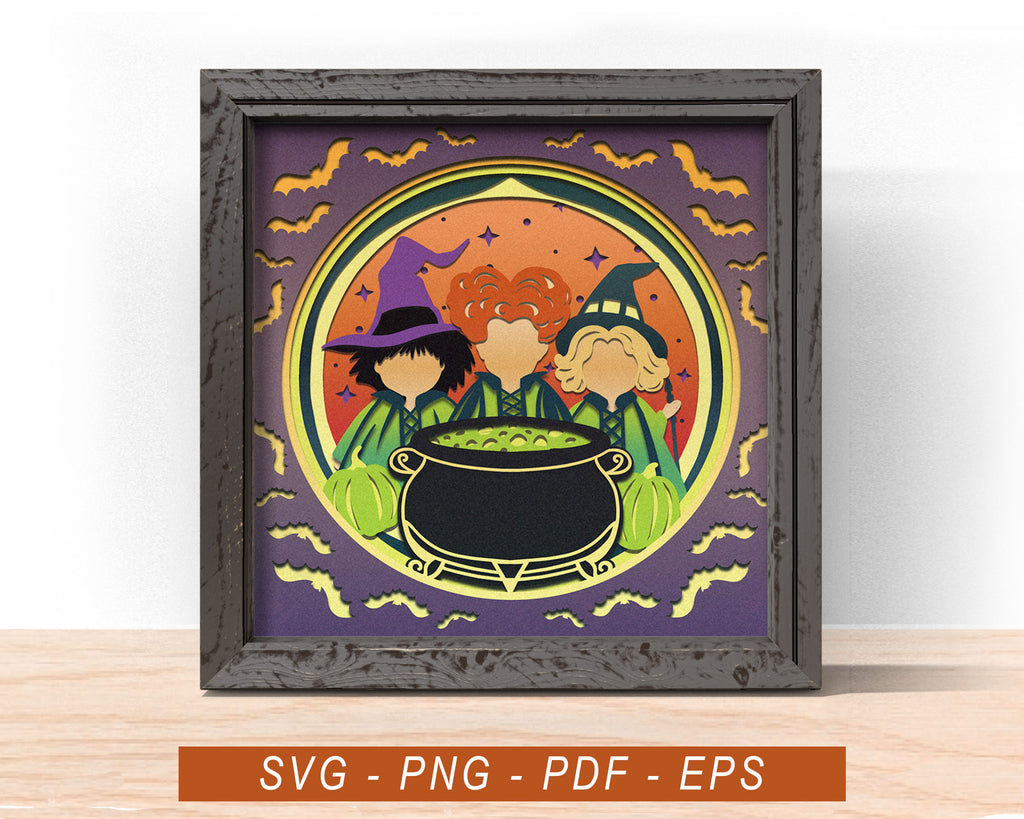 3D HOCUS POCUS CAULDRON SVG, Witch Shadow Box Svg