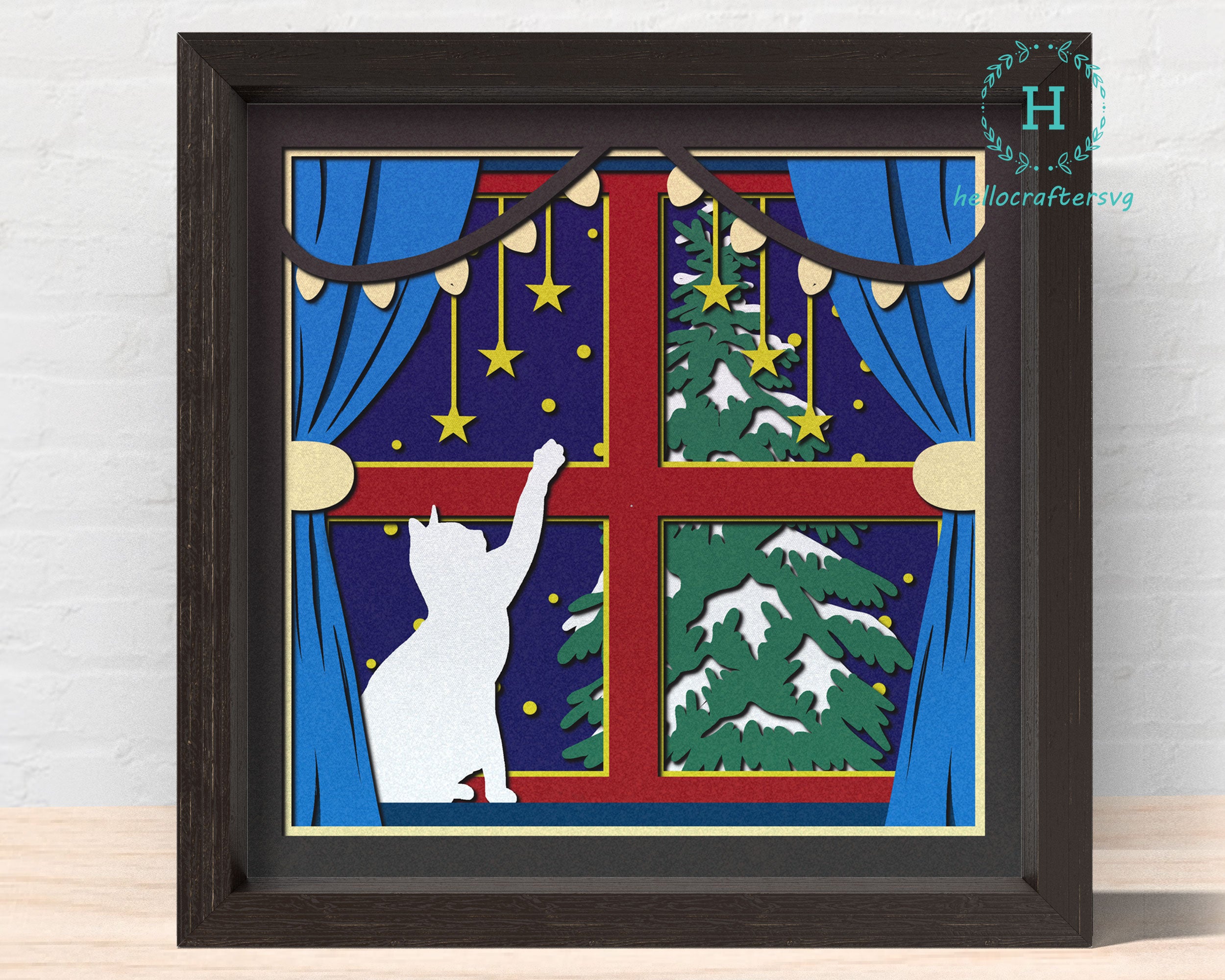 3d CHRISTMAS CAT Svg, CAT On Window Shadow Box Svg - hellocraftersvg